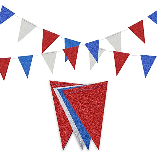 YSSAI 40 Ft Red Blue Silver Triangle Flag Bunting Banners Double Sided Glittery Hanging Paper Patriotic Pennant Banner 4th of July Decorations Patriotic Party Decorations Supplies, SA0030