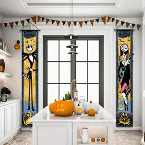 Jack Skellington Porch Sign Banner 2 Pcs 11.8×70.8" Halloween NightmareBefore Christmas Banner Halloween Party Supplies Welcome Sign Halloween Door Banner fall Decorations