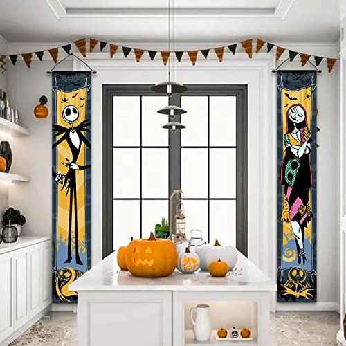 Jack Skellington Porch Sign Banner 2 Pcs 11.8×70.8" Halloween NightmareBefore Christmas Banner Halloween Party Supplies Welcome Sign Halloween Door Banner fall Decorations