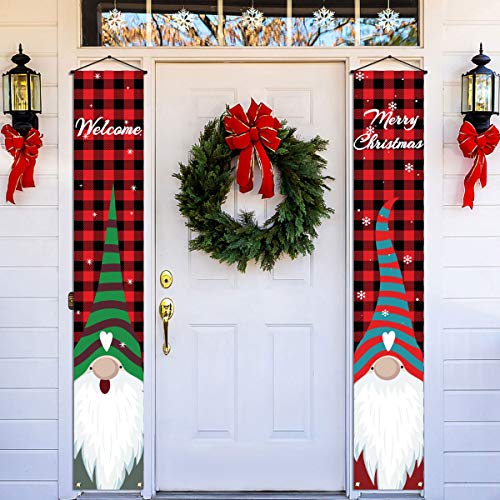 Rainlemon Welcome and Merry Christmas Gnome Porch Banner,Black and Red Buffalo Check Plaid,Front Door Sign Decoration