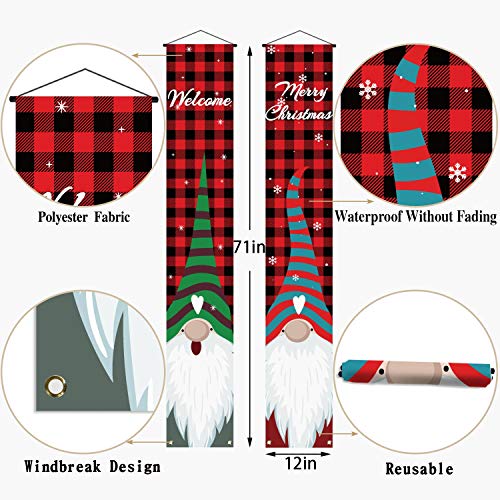 Rainlemon Welcome and Merry Christmas Gnome Porch Banner,Black and Red Buffalo Check Plaid,Front Door Sign Decoration