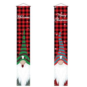 Rainlemon Welcome and Merry Christmas Gnome Porch Banner,Black and Red Buffalo Check Plaid,Front Door Sign Decoration