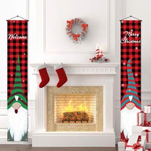 Rainlemon Welcome and Merry Christmas Gnome Porch Banner,Black and Red Buffalo Check Plaid,Front Door Sign Decoration