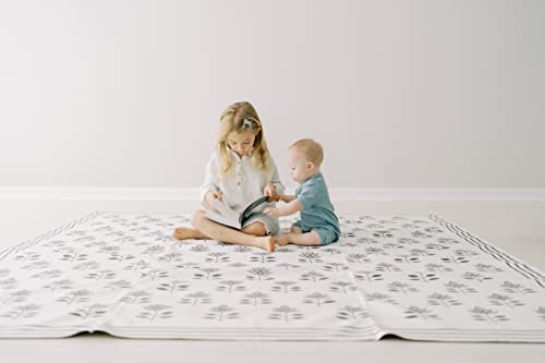 wander & roam Leather Play Mat | Non-Toxic | Waterproof and Sand Proof Beach Mat | Wipeable High Chair Floor Mat | Baby Floor Mat | Portable Picnic Mat (Petals Block Print Greige Large, 76x76)