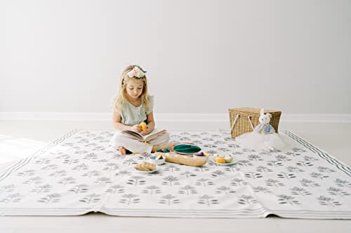 wander & roam Leather Play Mat | Non-Toxic | Waterproof and Sand Proof Beach Mat | Wipeable High Chair Floor Mat | Baby Floor Mat | Portable Picnic Mat (Petals Block Print Greige Large, 76x76)