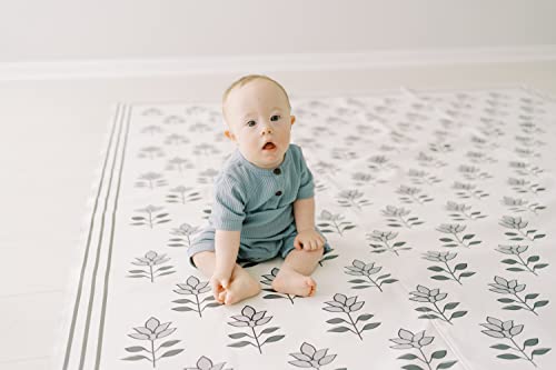 wander & roam Leather Play Mat | Non-Toxic | Waterproof and Sand Proof Beach Mat | Wipeable High Chair Floor Mat | Baby Floor Mat | Portable Picnic Mat (Petals Block Print Greige Large, 76x76)