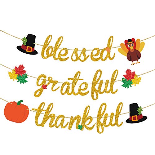 Blessed Thankful Grateful Banner for Thanksgiving Decor, Thanksgiving Banner, Maple Leaves Pumpkin Turkey Bunting Garland for Mantel Fireplace , Thanksgiving Party Home Office Classroom Hanging Decor