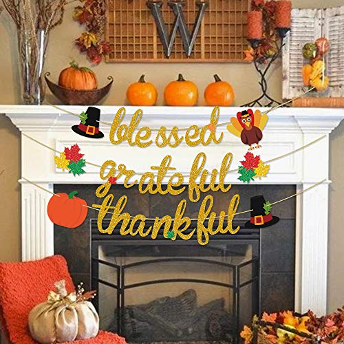 Blessed Thankful Grateful Banner for Thanksgiving Decor, Thanksgiving Banner, Maple Leaves Pumpkin Turkey Bunting Garland for Mantel Fireplace , Thanksgiving Party Home Office Classroom Hanging Decor