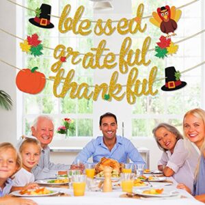 Blessed Thankful Grateful Banner for Thanksgiving Decor, Thanksgiving Banner, Maple Leaves Pumpkin Turkey Bunting Garland for Mantel Fireplace , Thanksgiving Party Home Office Classroom Hanging Decor