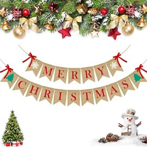 pacetap merry christmas banner burlap,christmas fireplace banner christmas wall banners,christmas tree decor,christmas home chimney indoor decorations, christmas chimney banner with 4 red bows