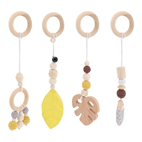 Toddmomy Wood Baby Gym with 4 Wooden Pendant Toys Wooden Gym Hanging Toys, Wooden Hanging Toys Baby Play Gym for Newborn Gift （ Yellow ）