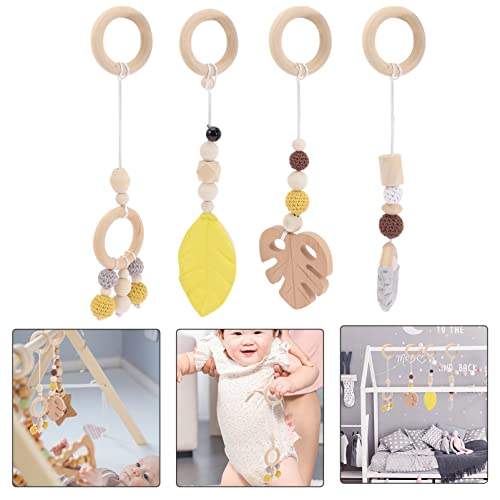 Toddmomy Wood Baby Gym with 4 Wooden Pendant Toys Wooden Gym Hanging Toys, Wooden Hanging Toys Baby Play Gym for Newborn Gift （ Yellow ）