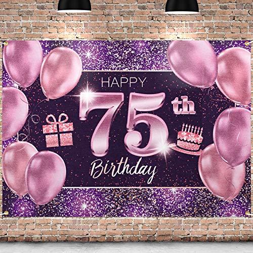 PAKBOOM Happy 75th Birthday Banner Backdrop - 75 Birthday Party Decorations Supplies for Women - Pink Purple Gold 4 x 6ft