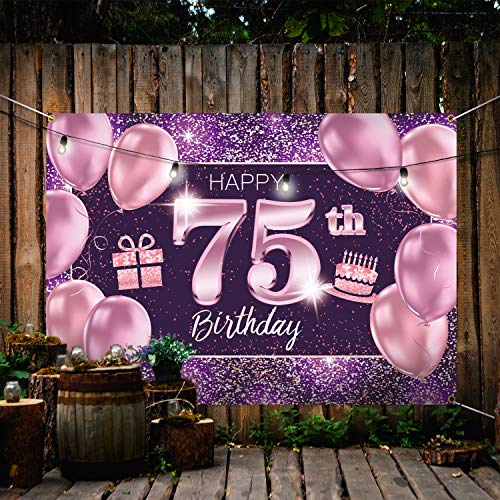 PAKBOOM Happy 75th Birthday Banner Backdrop - 75 Birthday Party Decorations Supplies for Women - Pink Purple Gold 4 x 6ft