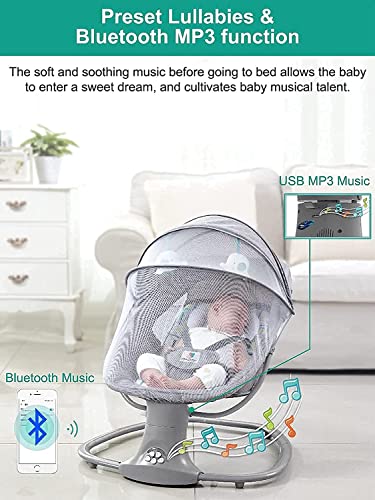 Electric Baby Rocking Chair, Foldable Stationary Baby Swing, 5 Amplitudes Baby Rocker with Music, Bluetooth and Timing Function, Portable Bouncing Baby Seat for Inside and Outdoor (Pink)