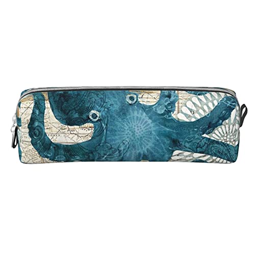 Ykklima Leather Pencil Case - Blue Octopus Nautical Map Pattern, Stationery Bag Pen Organizer Makeup Cosmetic Holder Pouch for School Work Office College