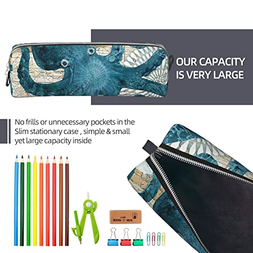 Ykklima Leather Pencil Case - Blue Octopus Nautical Map Pattern, Stationery Bag Pen Organizer Makeup Cosmetic Holder Pouch for School Work Office College