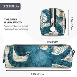 Ykklima Leather Pencil Case - Blue Octopus Nautical Map Pattern, Stationery Bag Pen Organizer Makeup Cosmetic Holder Pouch for School Work Office College