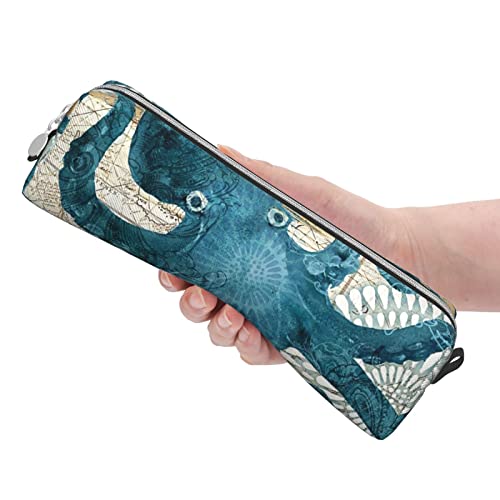 Ykklima Leather Pencil Case - Blue Octopus Nautical Map Pattern, Stationery Bag Pen Organizer Makeup Cosmetic Holder Pouch for School Work Office College