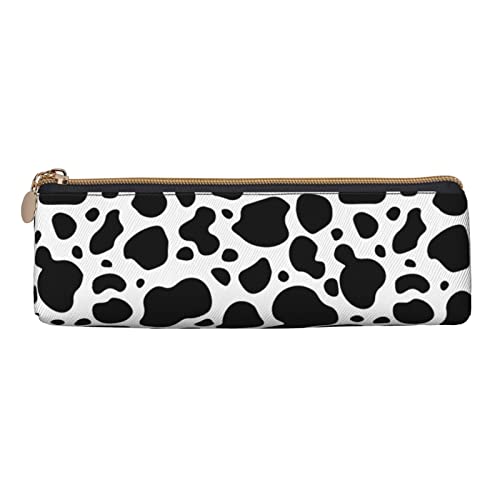 Ykklima Cow Print Texture Leather Pencil Case Zipper Pen Makeup Cosmetic Holder Pouch Stationery Bag for School, Work, Office