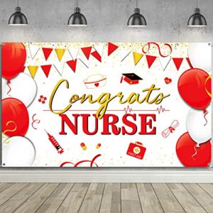 nurse graduation party banner large gold red nurse theme congrats nurse backdrop photo prop background with rope for nurse graduation party indoor outdoor decor supplies, 72.8 x 43.3 inch