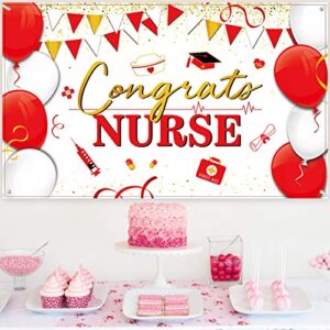 Nurse Graduation Party Banner Large Gold Red Nurse Theme Congrats Nurse Backdrop Photo Prop Background with Rope for Nurse Graduation Party Indoor Outdoor Decor Supplies, 72.8 x 43.3 Inch