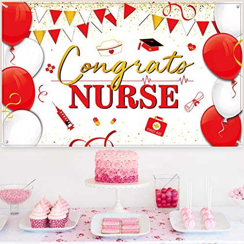 Nurse Graduation Party Banner Large Gold Red Nurse Theme Congrats Nurse Backdrop Photo Prop Background with Rope for Nurse Graduation Party Indoor Outdoor Decor Supplies, 72.8 x 43.3 Inch