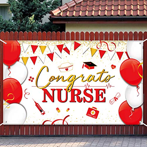 Nurse Graduation Party Banner Large Gold Red Nurse Theme Congrats Nurse Backdrop Photo Prop Background with Rope for Nurse Graduation Party Indoor Outdoor Decor Supplies, 72.8 x 43.3 Inch