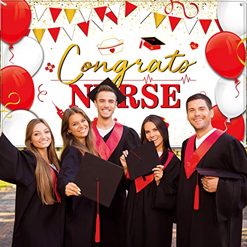 Nurse Graduation Party Banner Large Gold Red Nurse Theme Congrats Nurse Backdrop Photo Prop Background with Rope for Nurse Graduation Party Indoor Outdoor Decor Supplies, 72.8 x 43.3 Inch