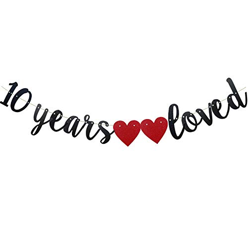 10 Years Loved Banner,Pre-Strung, Black Paper Glitter Party Decorations for 10TH Birthday Decorations 10TH Wedding Anniversary Day Party Supplies Letters Black ZHAOFEIHN