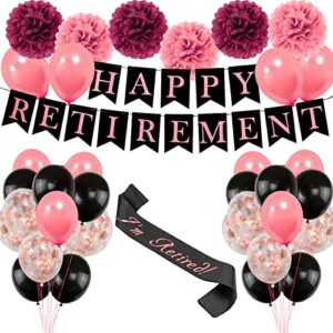 retirement party decorations for women, rose gold happy retirement banner retired sash paper pom poms confetti balloons set retirement decorations party supplies