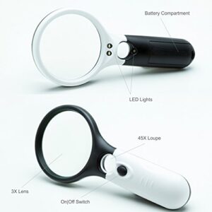 Lighted Magnifying Glass with 3X Magnifier for Reading and 45x Loupe Use as Magnifying Lens, Jewelers Loupe, or Coin Magnifying Glass with Light, or Handheld Small Magnifying Glass for Reading Labels