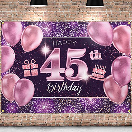 PAKBOOM Happy 45th Birthday Banner Backdrop - 45 Birthday Party Decorations Supplies for Women - Pink Purple Gold 4 x 6ft