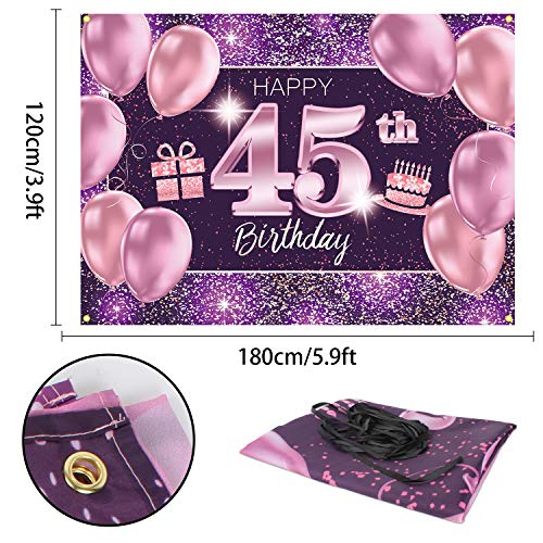 PAKBOOM Happy 45th Birthday Banner Backdrop - 45 Birthday Party Decorations Supplies for Women - Pink Purple Gold 4 x 6ft