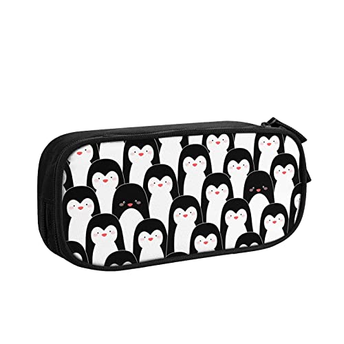 Cute Penguins Print Stationery Bag Large Capacity Pencil Case with Zippers for Office College(Black)