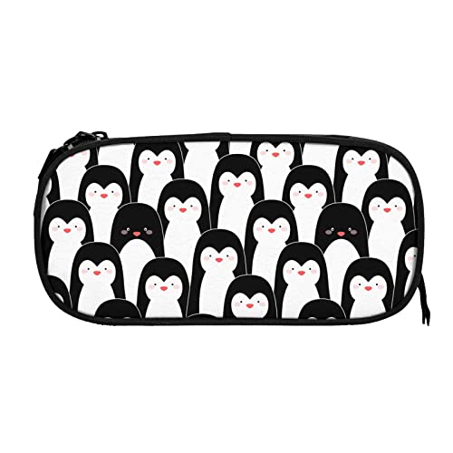 Cute Penguins Print Stationery Bag Large Capacity Pencil Case with Zippers for Office College(Black)