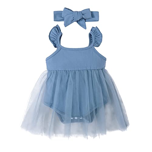 OPAWO Newborn Infant Baby Girl Blue Dress Baby Girl Summer Clothes Outfit Tulle Romper Dress with Ruffle Strap 0-3 Months