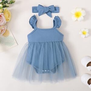 OPAWO Newborn Infant Baby Girl Blue Dress Baby Girl Summer Clothes Outfit Tulle Romper Dress with Ruffle Strap 0-3 Months