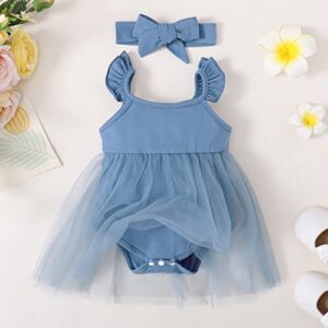 OPAWO Newborn Infant Baby Girl Blue Dress Baby Girl Summer Clothes Outfit Tulle Romper Dress with Ruffle Strap 0-3 Months