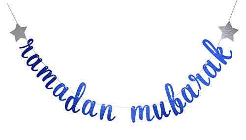 Blue Ramadan Kareem Banner with Silver Stars Hanging Banners Eid Festival Party Decoration