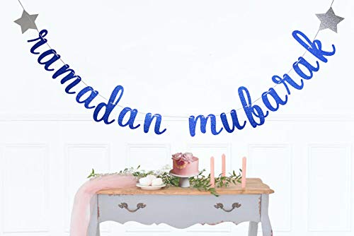 Blue Ramadan Kareem Banner with Silver Stars Hanging Banners Eid Festival Party Decoration