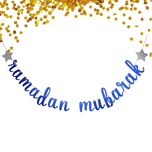 Blue Ramadan Kareem Banner with Silver Stars Hanging Banners Eid Festival Party Decoration