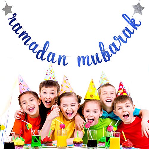 Blue Ramadan Kareem Banner with Silver Stars Hanging Banners Eid Festival Party Decoration