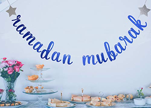 Blue Ramadan Kareem Banner with Silver Stars Hanging Banners Eid Festival Party Decoration