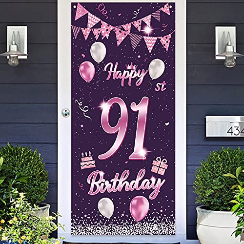 Happy 91st Birthday Sweet Purple Rose Banner Backdrop Balloons Confetti Cheers to 91 Years Old Bday Theme Decorations Decor for Door Cover Porch Women Men 91st Birthday Party Supplies Background