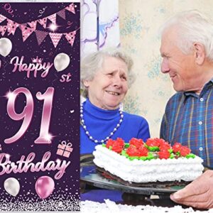 Happy 91st Birthday Sweet Purple Rose Banner Backdrop Balloons Confetti Cheers to 91 Years Old Bday Theme Decorations Decor for Door Cover Porch Women Men 91st Birthday Party Supplies Background