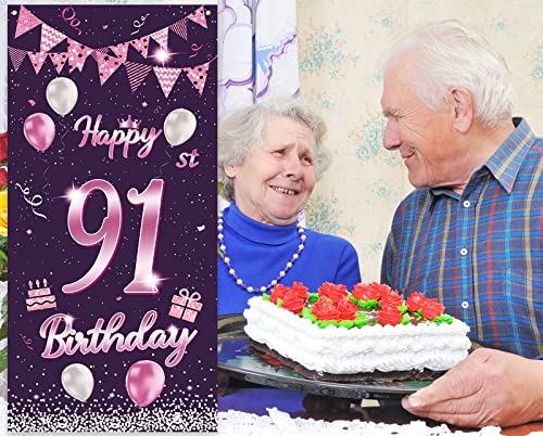 Happy 91st Birthday Sweet Purple Rose Banner Backdrop Balloons Confetti Cheers to 91 Years Old Bday Theme Decorations Decor for Door Cover Porch Women Men 91st Birthday Party Supplies Background