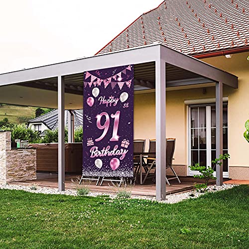 Happy 91st Birthday Sweet Purple Rose Banner Backdrop Balloons Confetti Cheers to 91 Years Old Bday Theme Decorations Decor for Door Cover Porch Women Men 91st Birthday Party Supplies Background