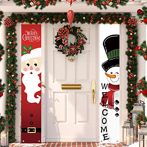 Whaline Christmas Porch Sign, Santa Clause and Snowman Merry Christmas Hanging Banners for Holiday Home Indoor Outdoor Porch Wall Christmas Decoration (12 x 72 Inch)