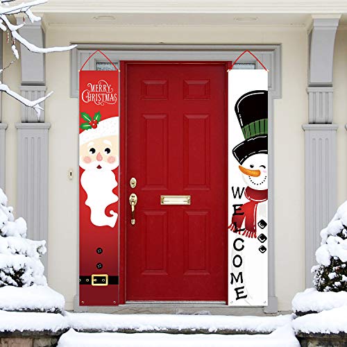 Whaline Christmas Porch Sign, Santa Clause and Snowman Merry Christmas Hanging Banners for Holiday Home Indoor Outdoor Porch Wall Christmas Decoration (12 x 72 Inch)